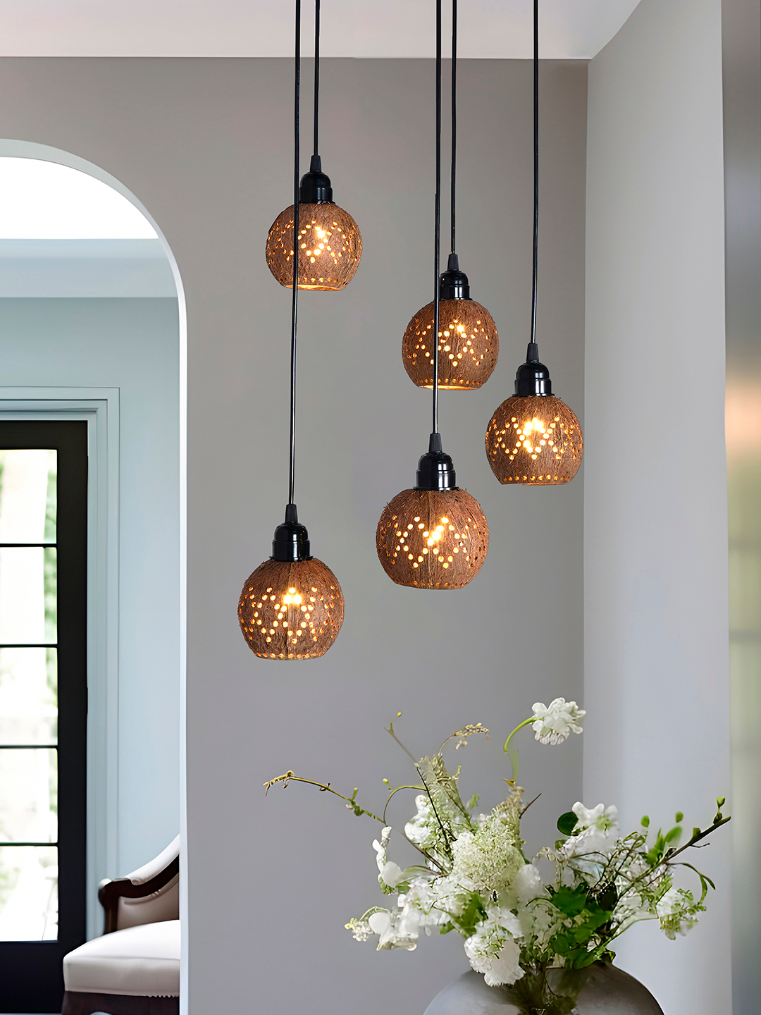 Handmade Coconut Shell Spiral Pendant Light with 5 Lights