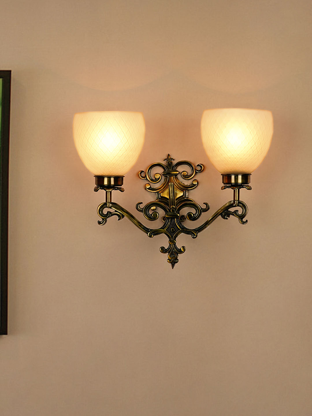 Spanish Antique Brass Finish Dual Light Wall Sconce With Frosted ...