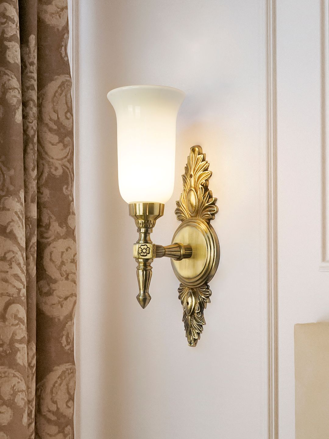 Antique Brass Finish Aluminium Torch Wall Sconce - Milky White Glass