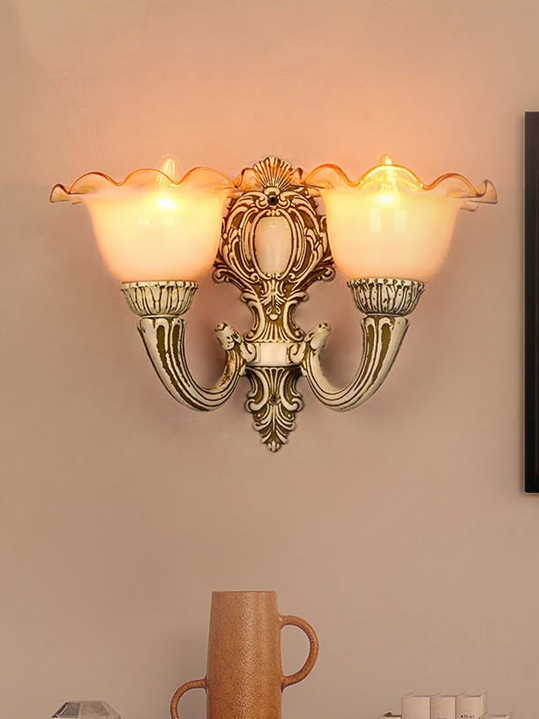 Rustic Distressed White 2-Light Aluminium Wall Lamp With Floral Glass ...