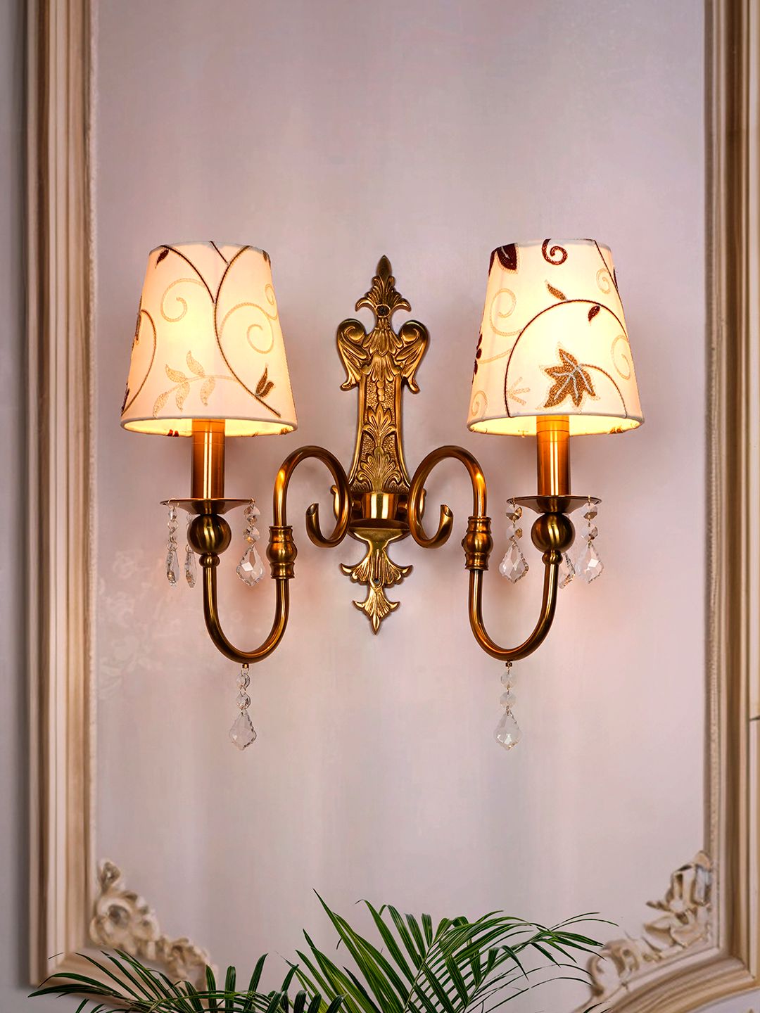 Victoria Wall Sconce, Antique Brass, White Kashida Shades, Single & Double
