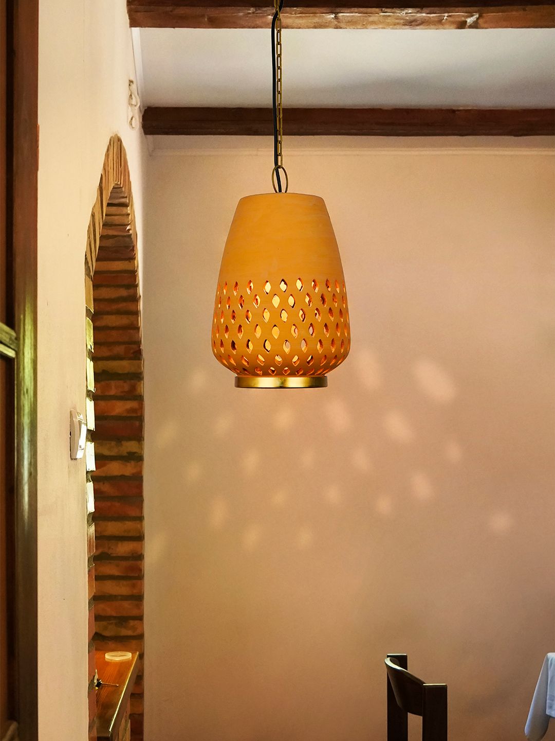 Terracotta Jali Pendant Light - Rustic Clay with Gold Rim