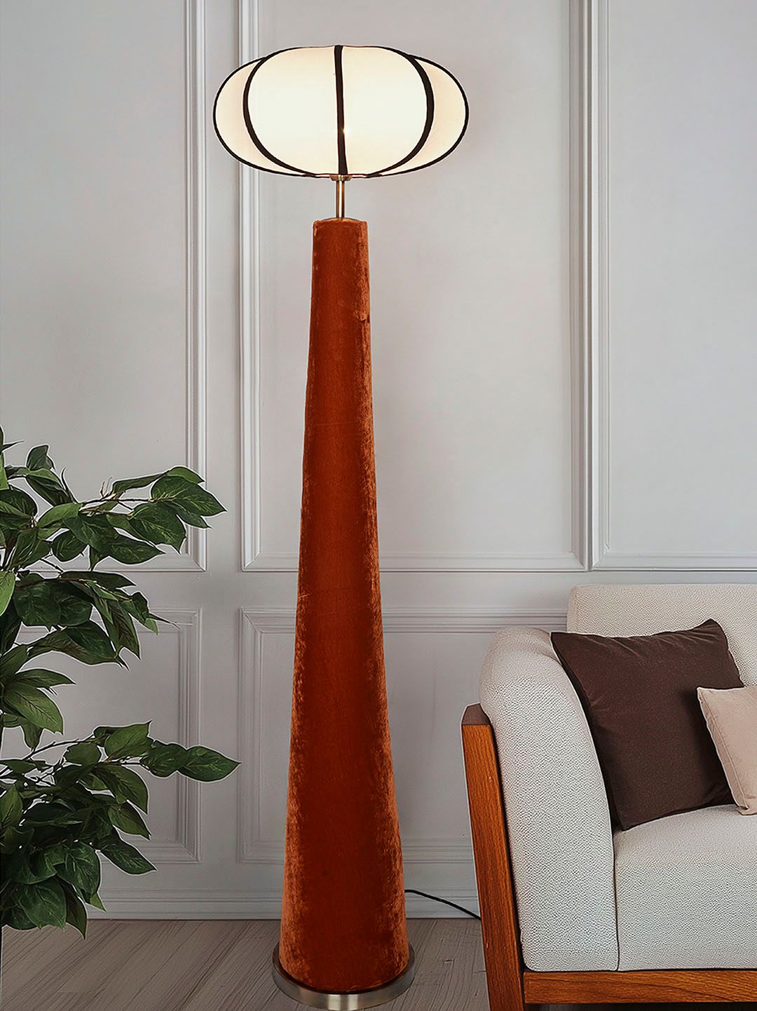 Orange Velvet Floor Lamp with Ivory Pumpkin Shade