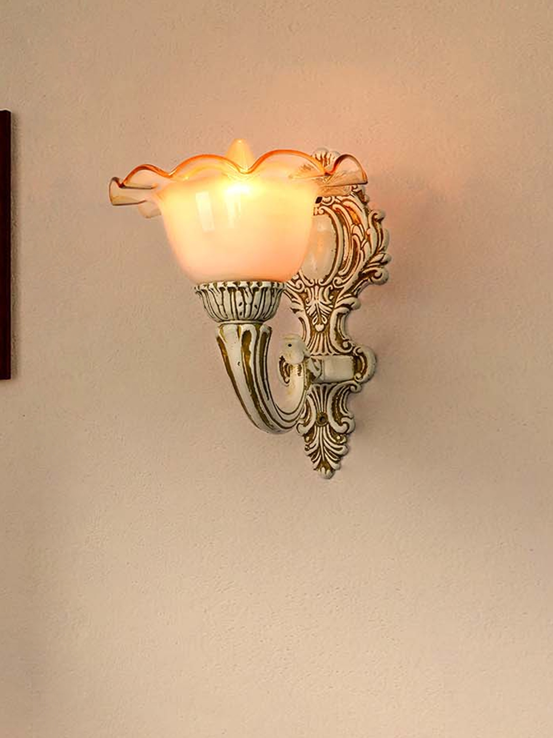 Rustic Distressed White 1-Light Aluminium Wall Lamp With Floral Glass ...