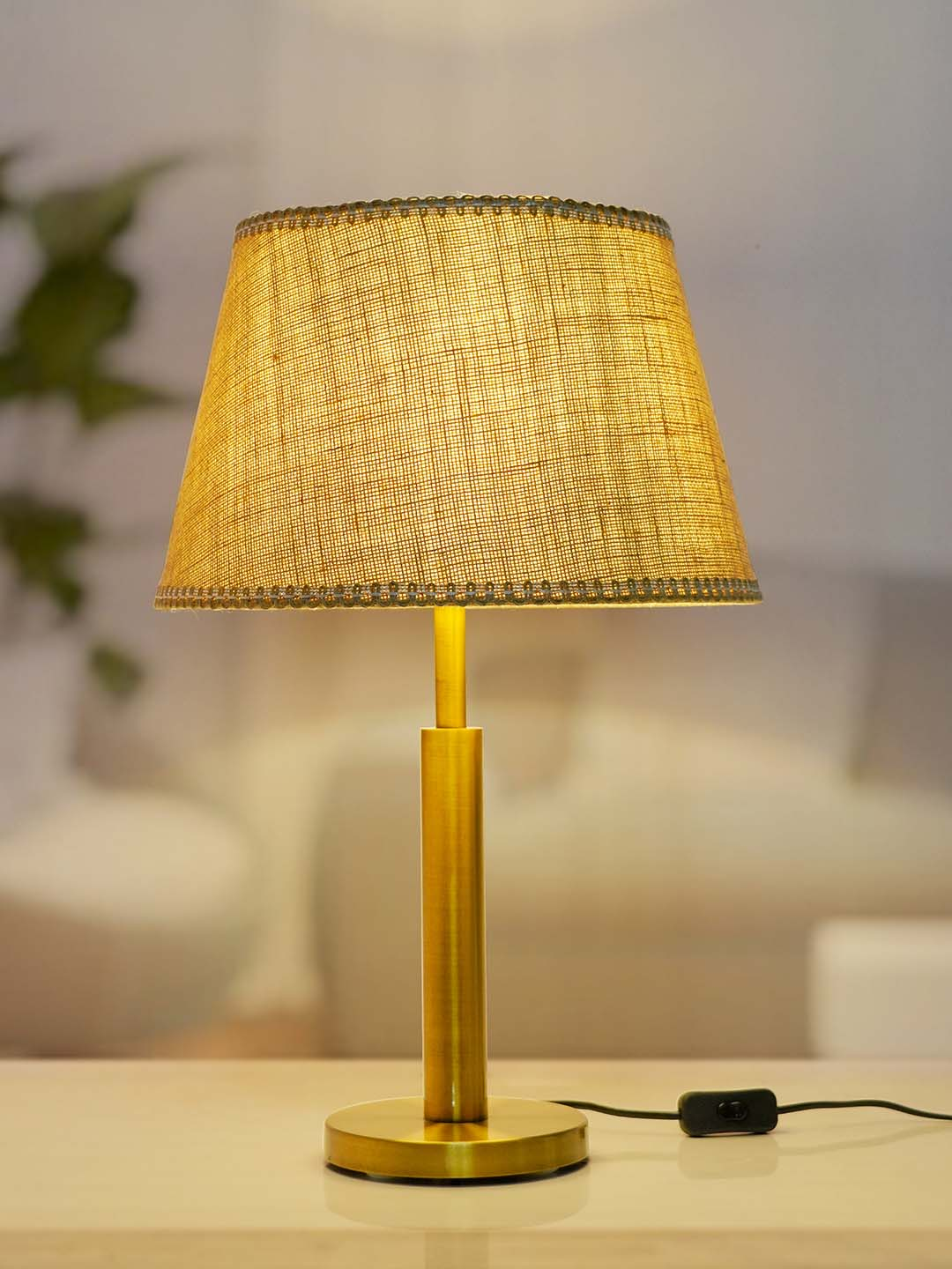 Transitional Brushed Brass Finished Metal Table Lamp with Jute Lace ...