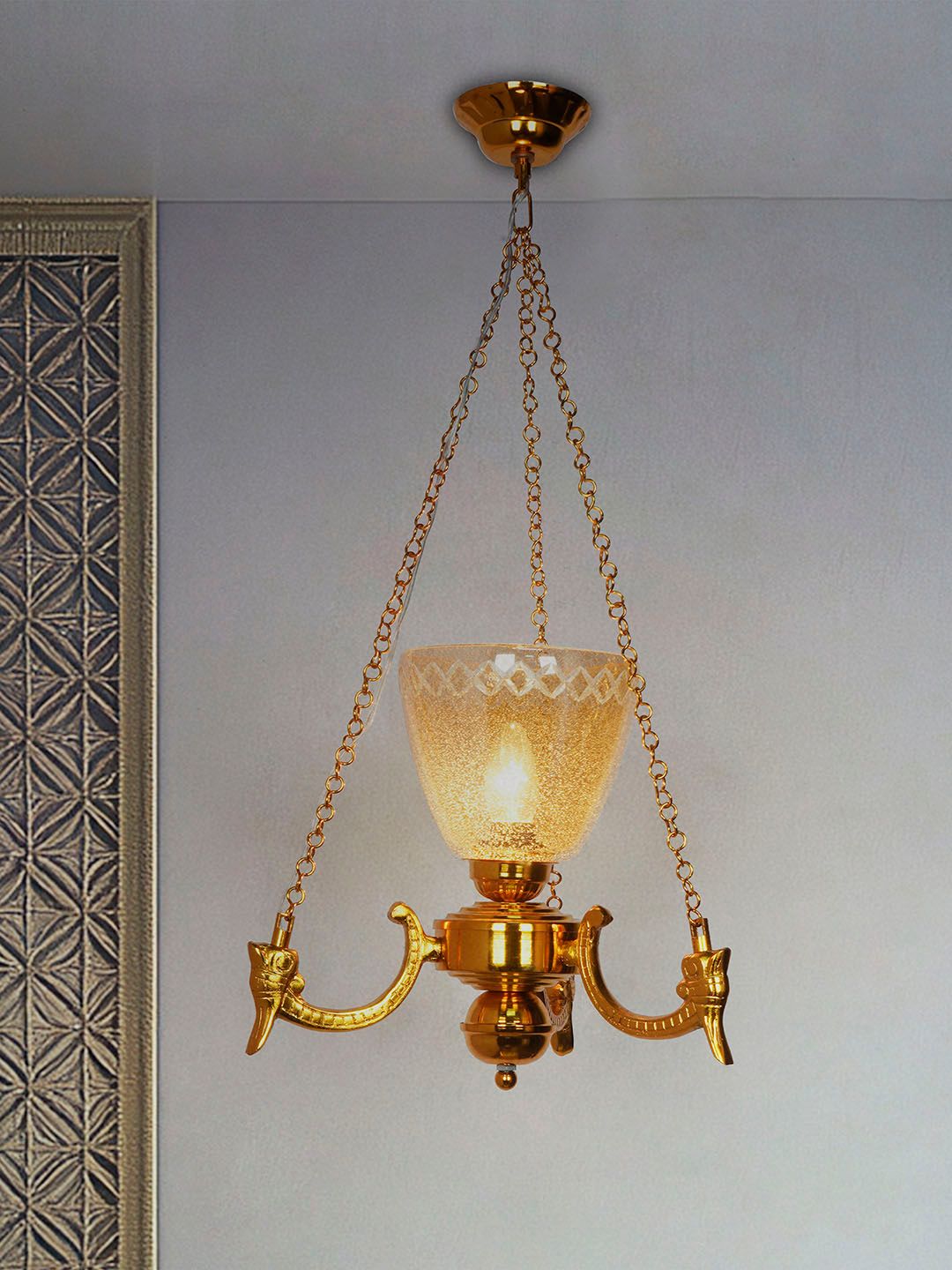 Gold Pendant Light - Traditional Crinkled Glass & Chain Hung