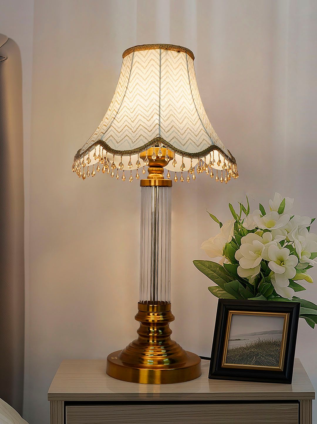 Golden Fluted Glass Table Lamp with Zigzag Scalloped Shade