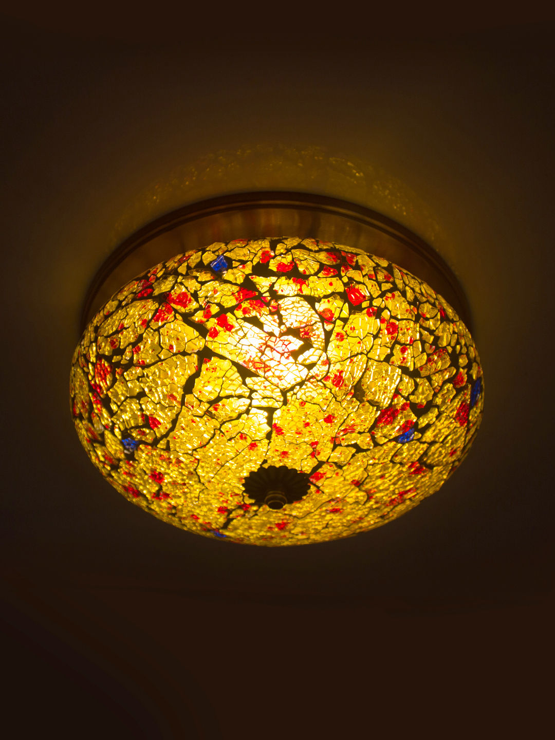 Fiery Mosaic Glass and Brass Flush Mount Ceiling Lamp